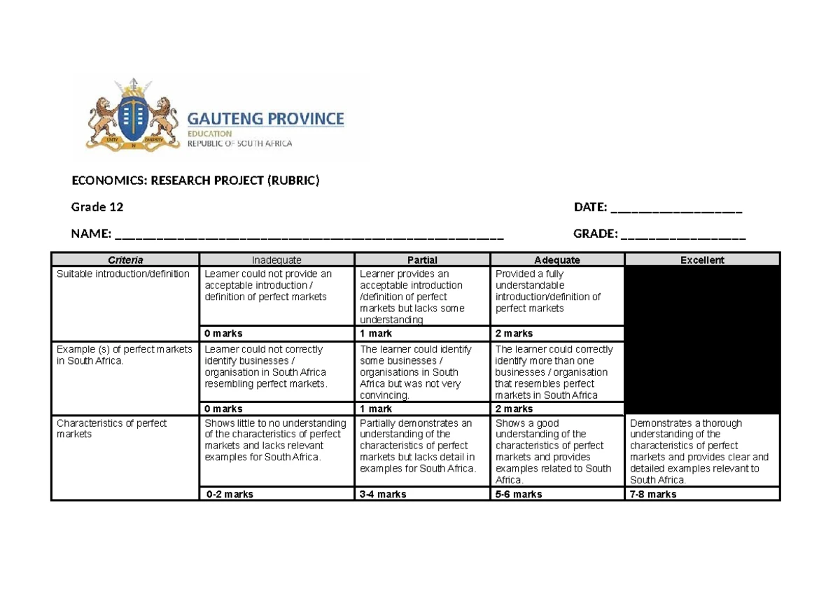 Grade 12 Economics 2024 Project Rubric: Final Evaluation Criteria - Studocu