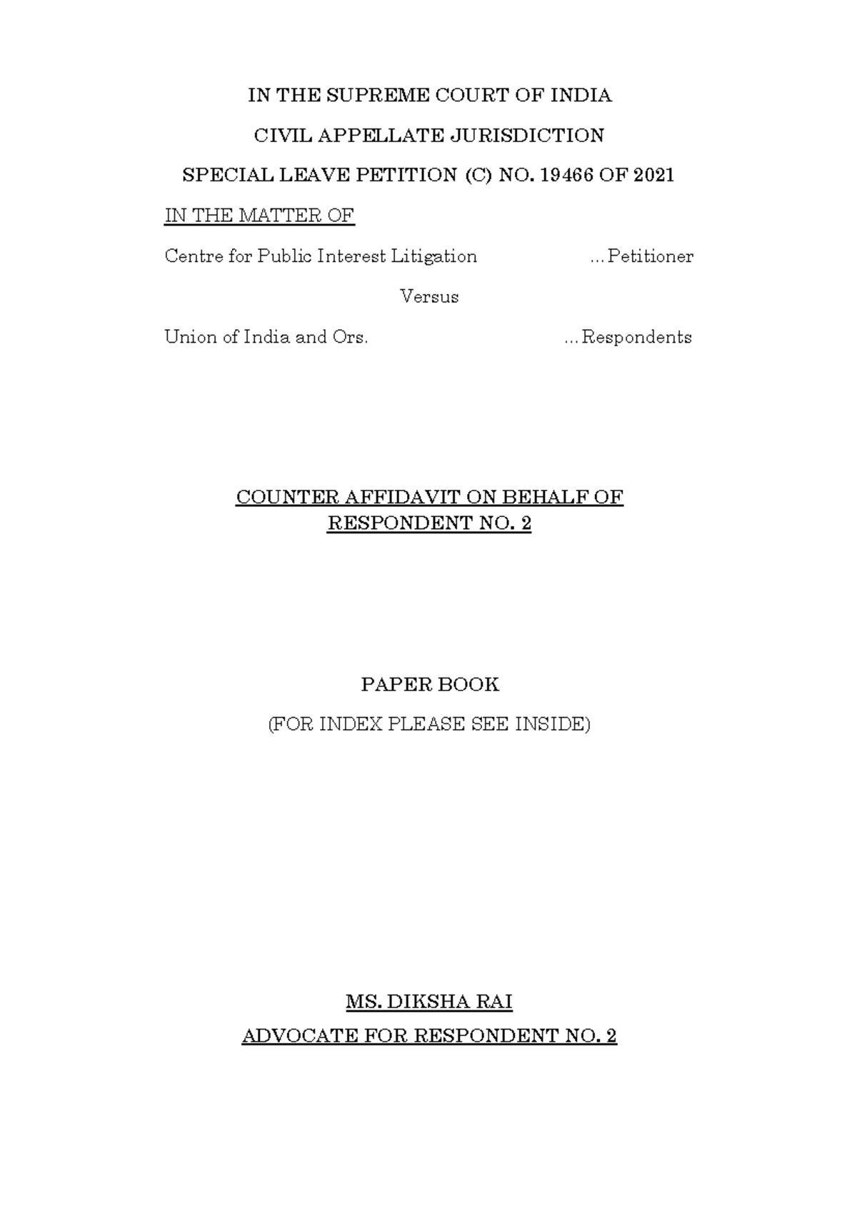 Counter Affidavit - Respondent No. 2 in SLP (C) No. 19466 of 2021 - Studocu
