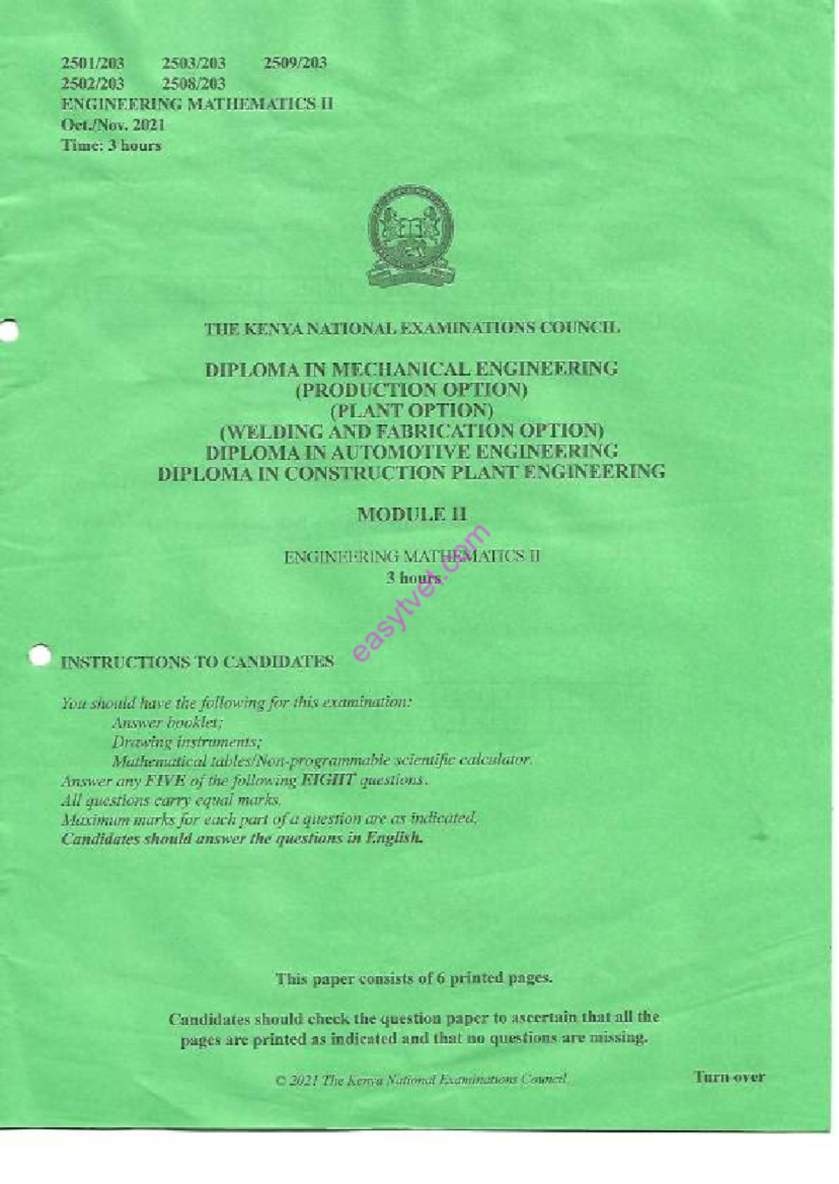 Engineering Mathematics II Exam 2021 - KNEC Diploma in Mechanical ...