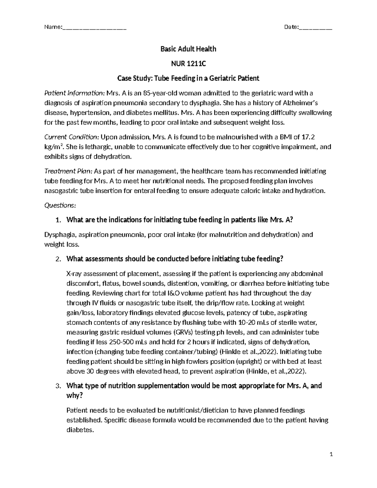 BAH Tube Feed Case Study - Name:___________________ Date ...