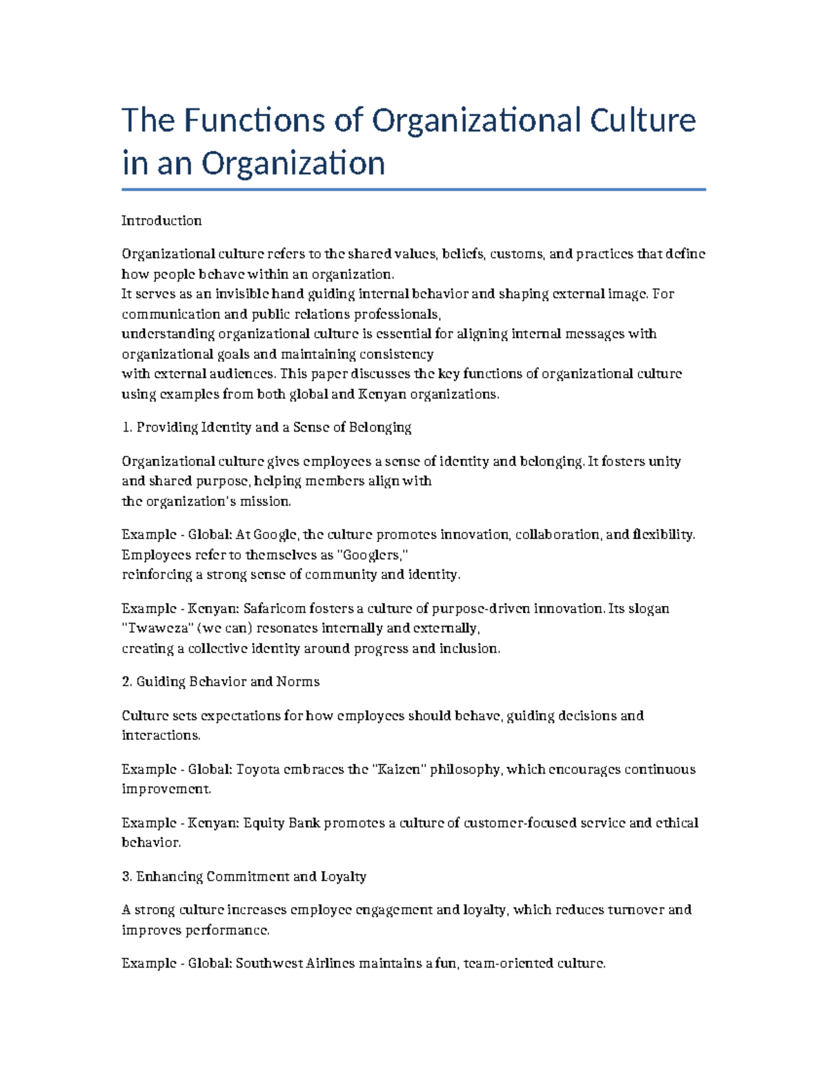 Organizational Culture Functions: Insights from Global & Kenyan ...