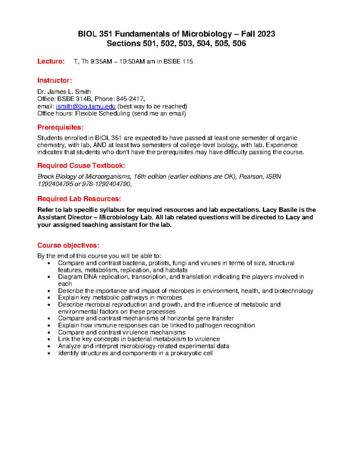 BIOL 351 Fall 2023 Microbiology Syllabus and Course Overview - Studocu