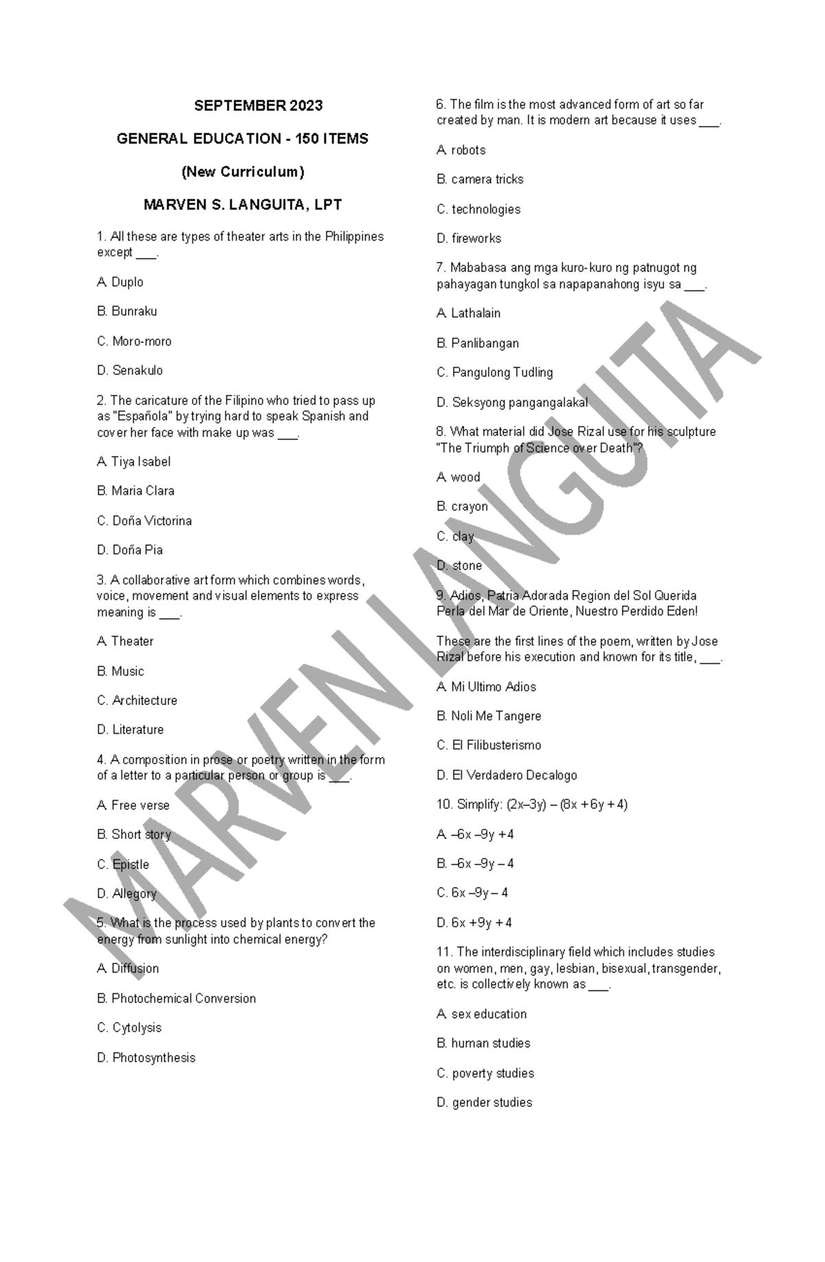 685811543 General Education Letsept 2023 - LET SEPTEMBER 2023 GENERAL ...
