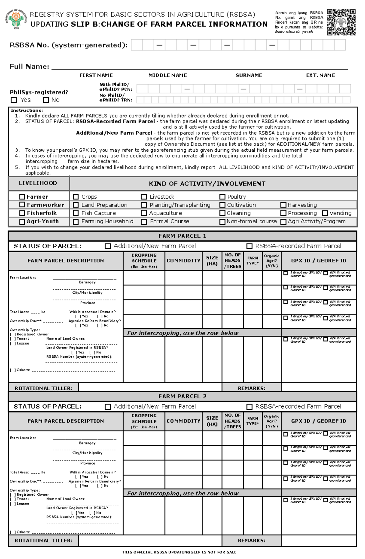 RSBSA-SLIB-B - Updating Slip B for Farm Parcel Information - Studocu