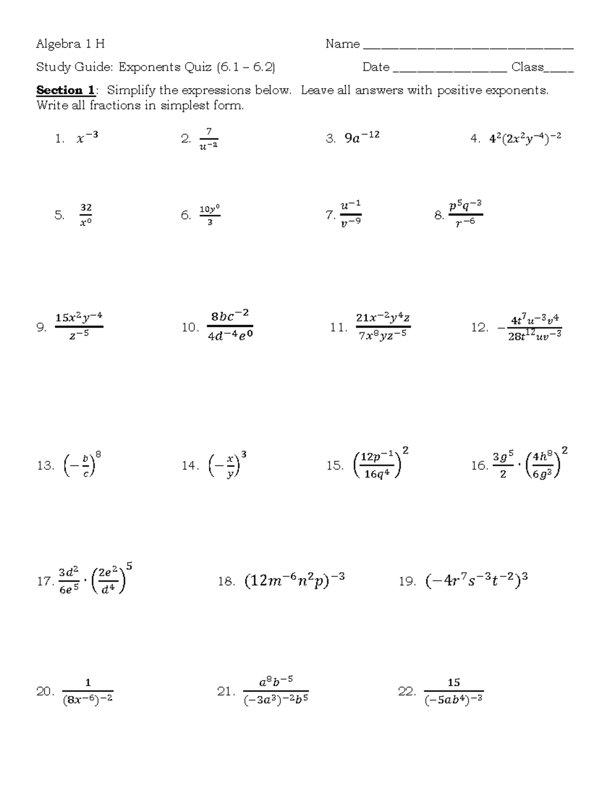 Algebra 1 H Study Guide: Exponents Quiz (6.1-6.2) - Studocu