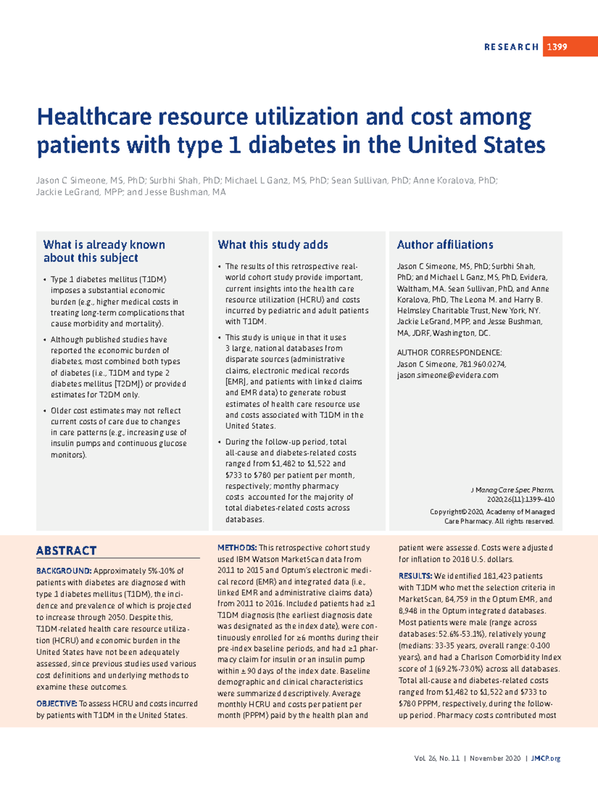 Healthcare Resource Utilization and Costs for T1DM Patients: JMCP 2020. ...