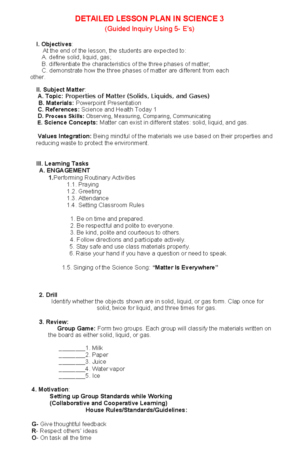 5E Lesson Plan: Exploring Properties of Matter in Science 3 - Studocu