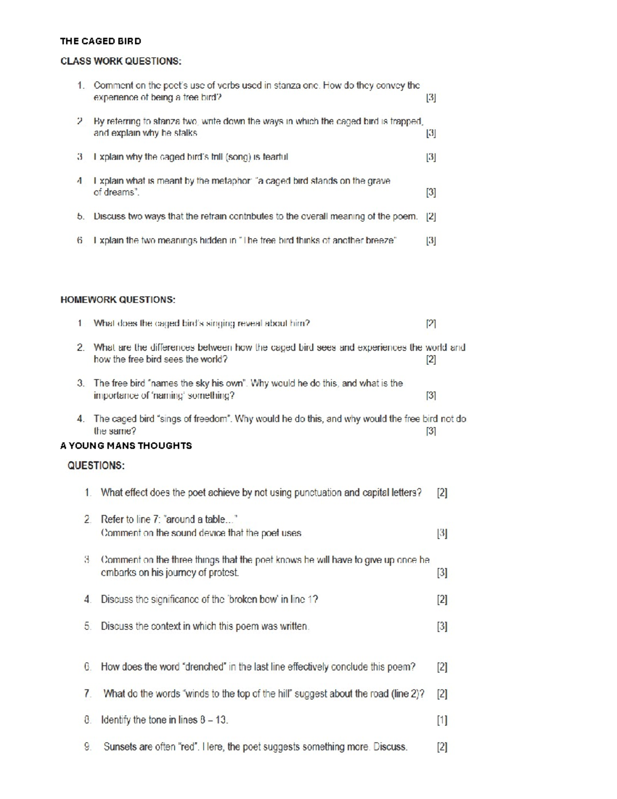 Poetry Analysis Questions T1 - HJU: The Caged Bird & Thoughts - Studocu