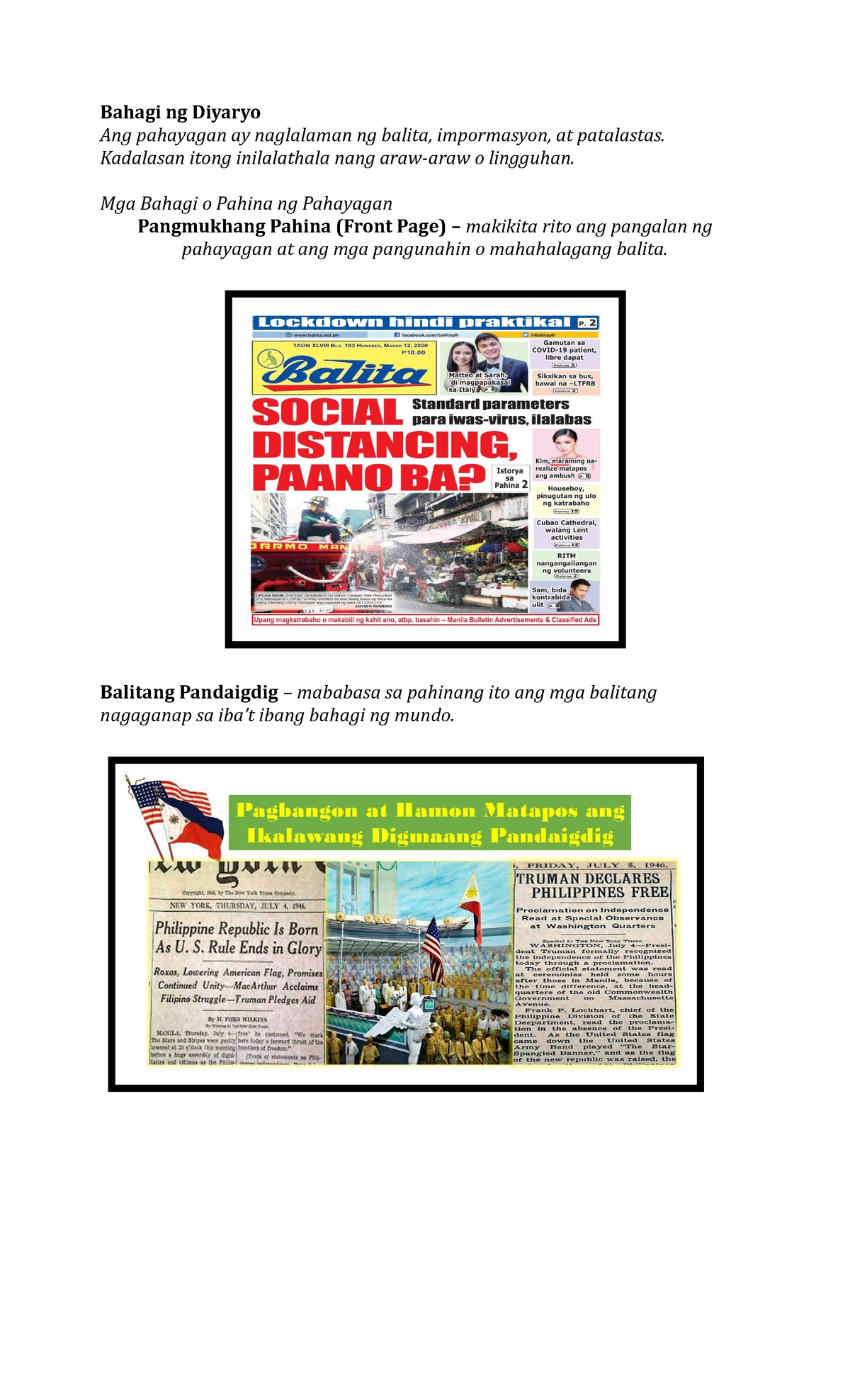 LS1 Bahagi NG Pahayagan - Bahagi ng Diyaryo Ang pahayagan ay naglalaman ng balita, impormasyon ...