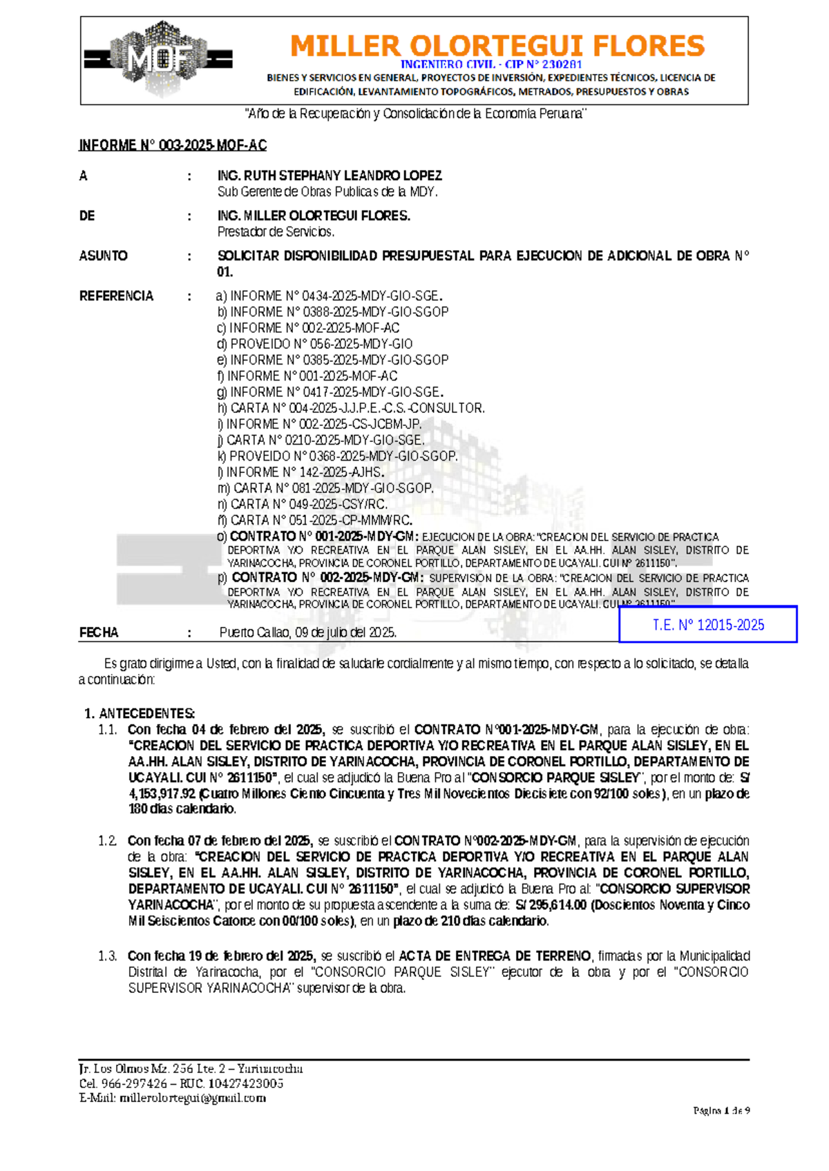 Informe N° 003-2025-MOF: Disponibilidad Presupuestal Adicional OBRA ...