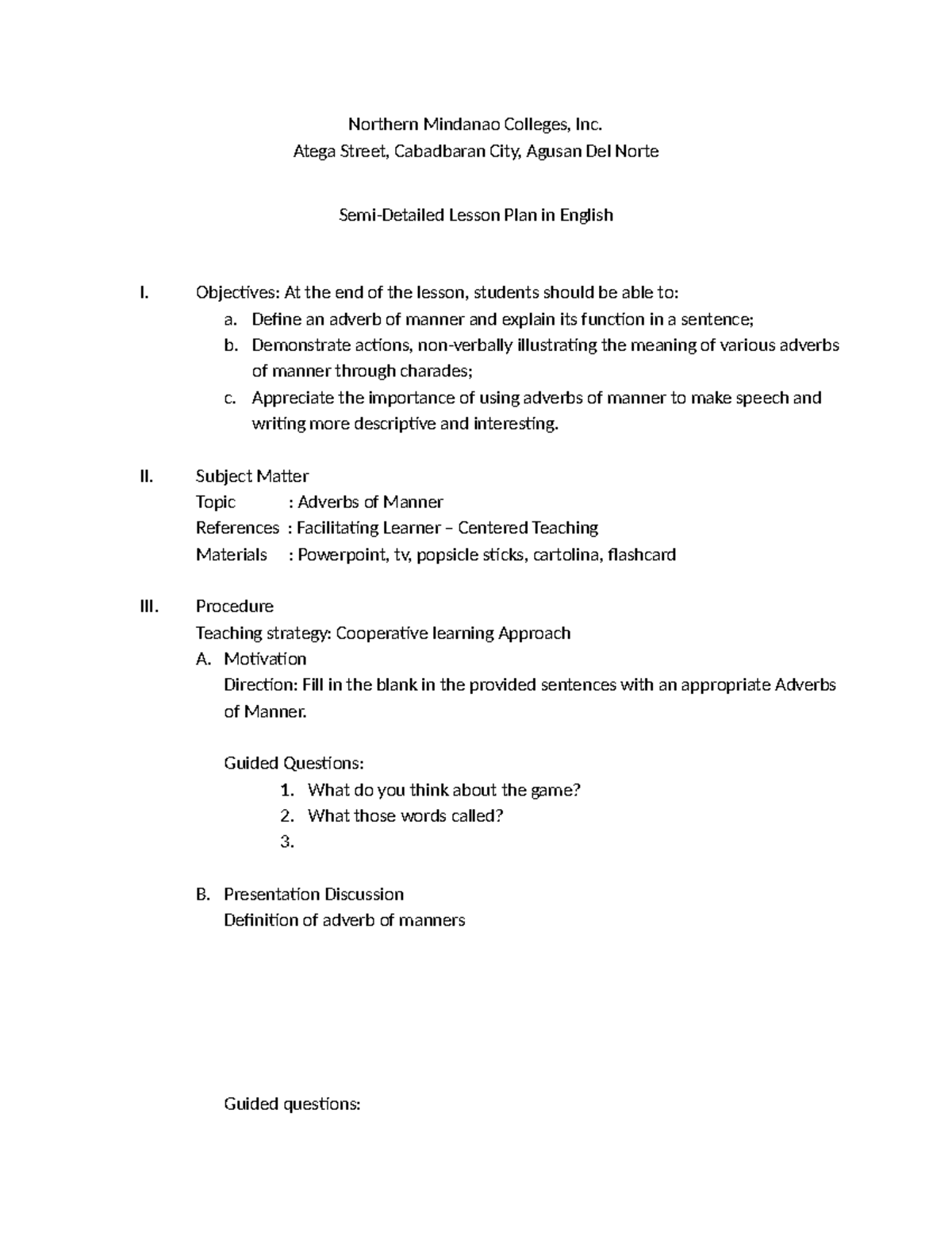 English I Lesson Plan: Adverbs of Manner - Studocu