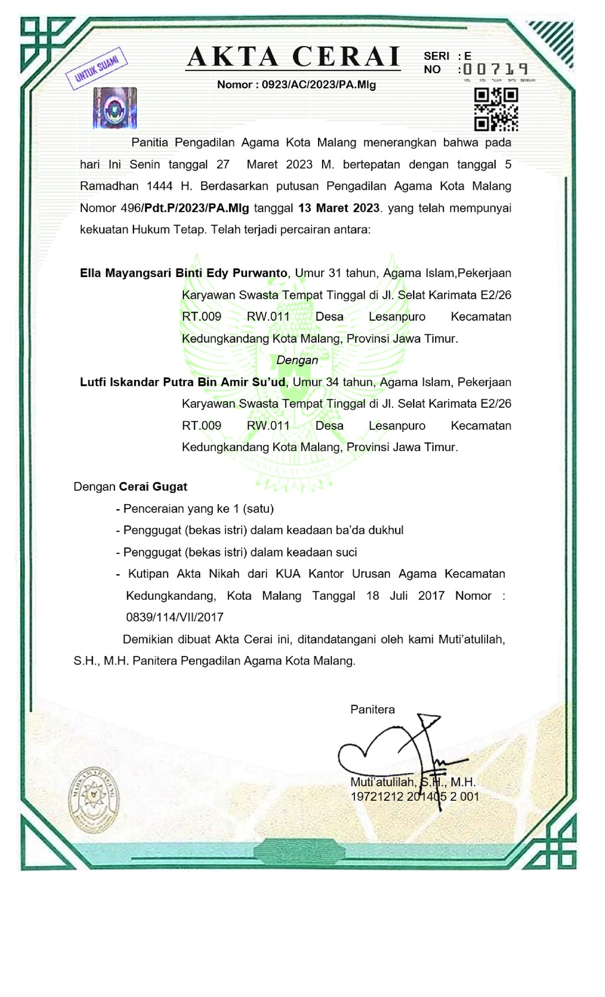 AKTE Cerai - SURTA 111 - Surat keterangan aktif - Studocu