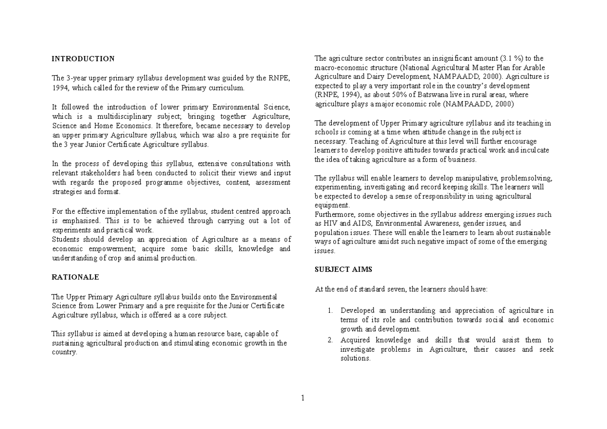 Upper Primary Agriculture Syllabus Development (AGRI 101) - Studocu