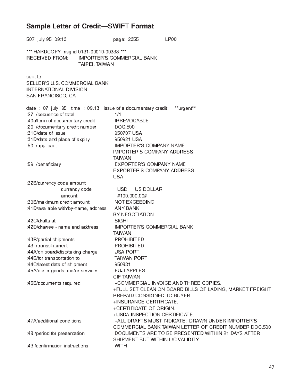 Sample Letter of Credit in SWIFT Format - A Detailed Example - Studocu