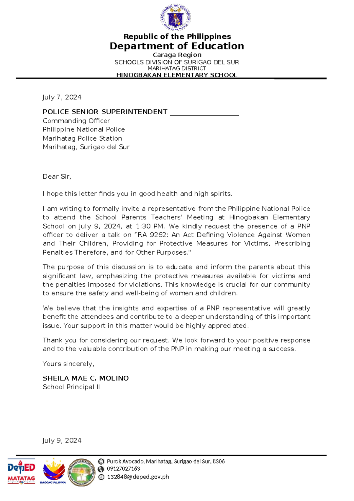 Invitation Letters for PNP, BFP, and 4Ps at Hinogbakan Elementary ...