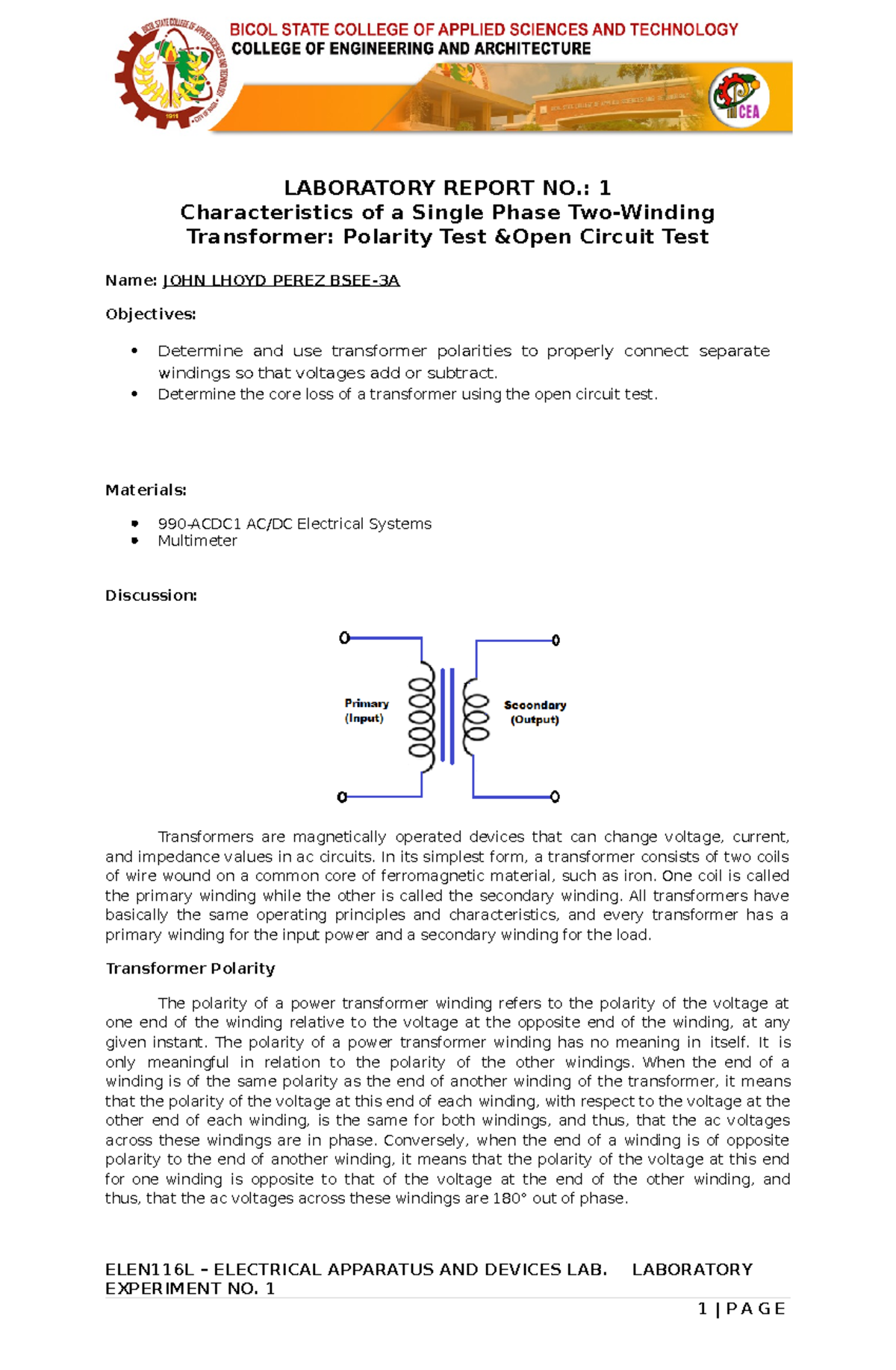 ELEN116L Transformer Polarity & Open Circuit Test Lab Report - Studocu