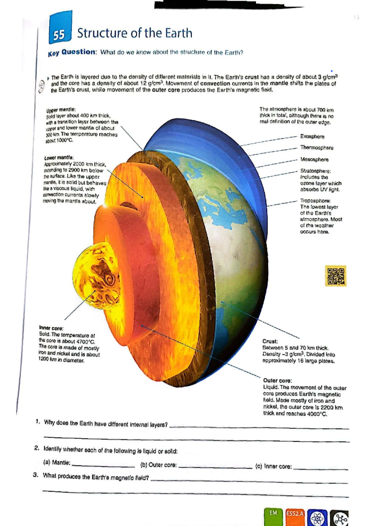 ESS2.A 3 CW Properties of Earth's Interior Structure Worksheet - Studocu