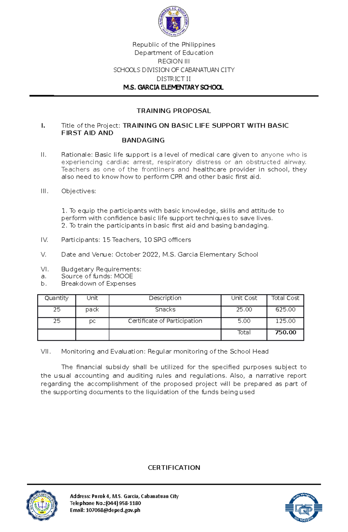 Training Proposal: Basic Life Support & First Aid Techniques - Studocu