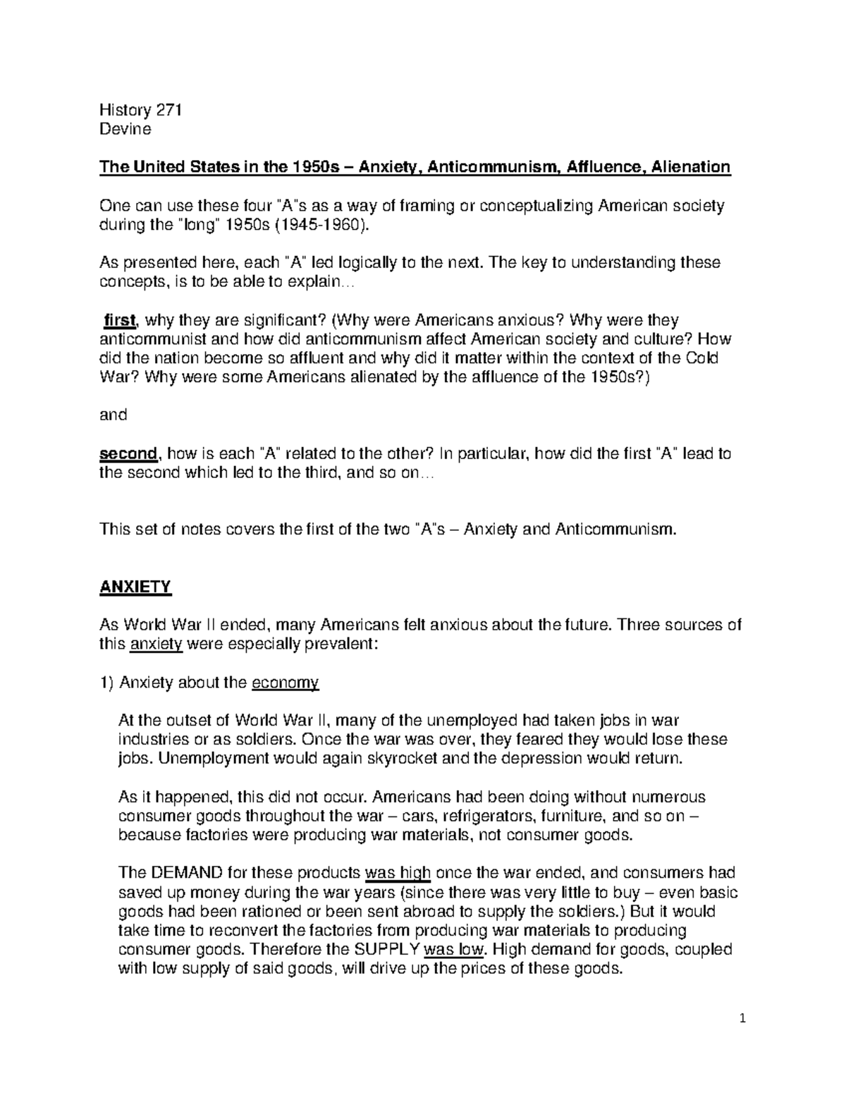 Final Exam Notes: Anxiety and Anticommunism in 1950s America (Hist 271 ...