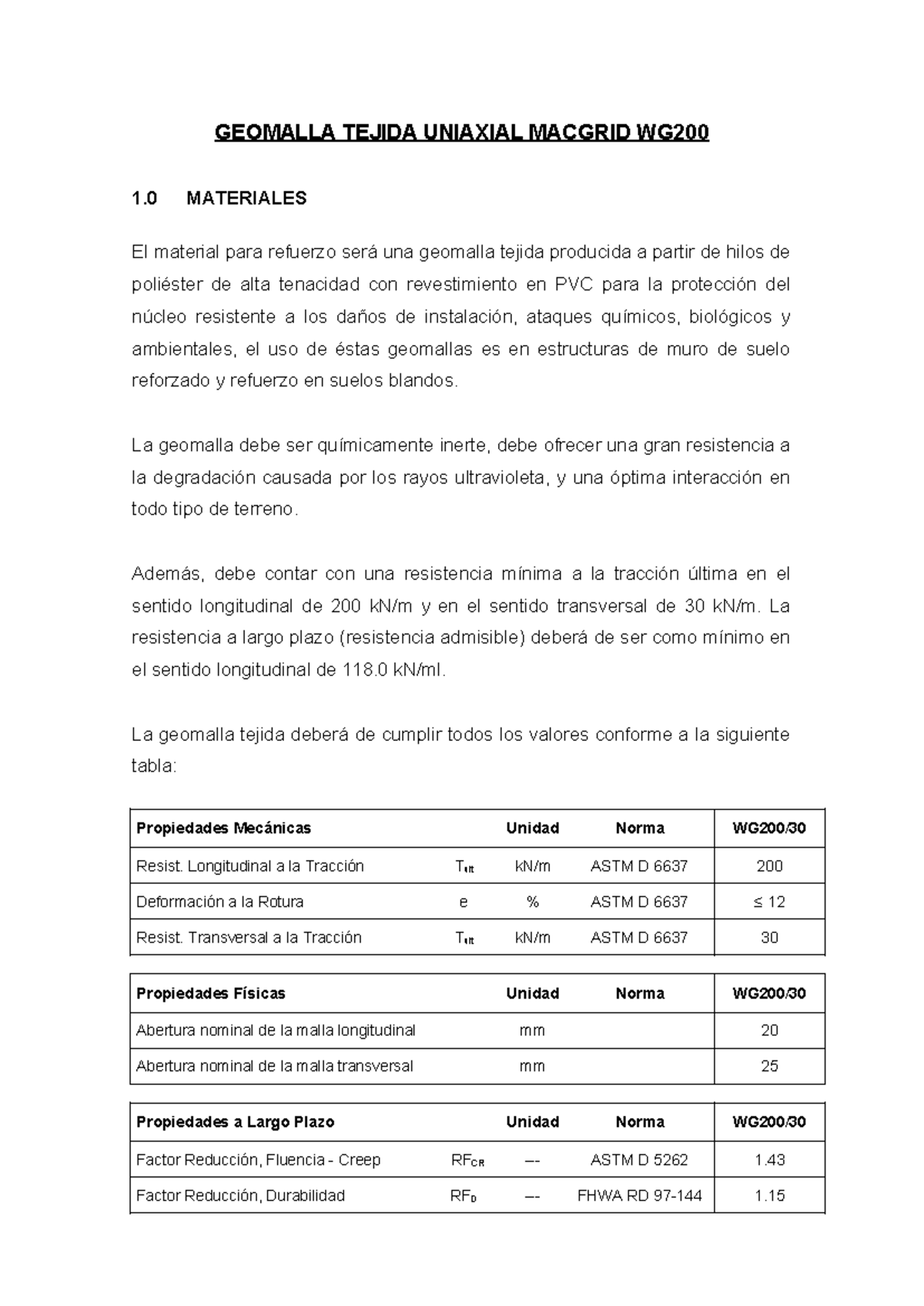 Especificación de Geomalla Tejida Uniaxial MACGRID WG200 - Studocu