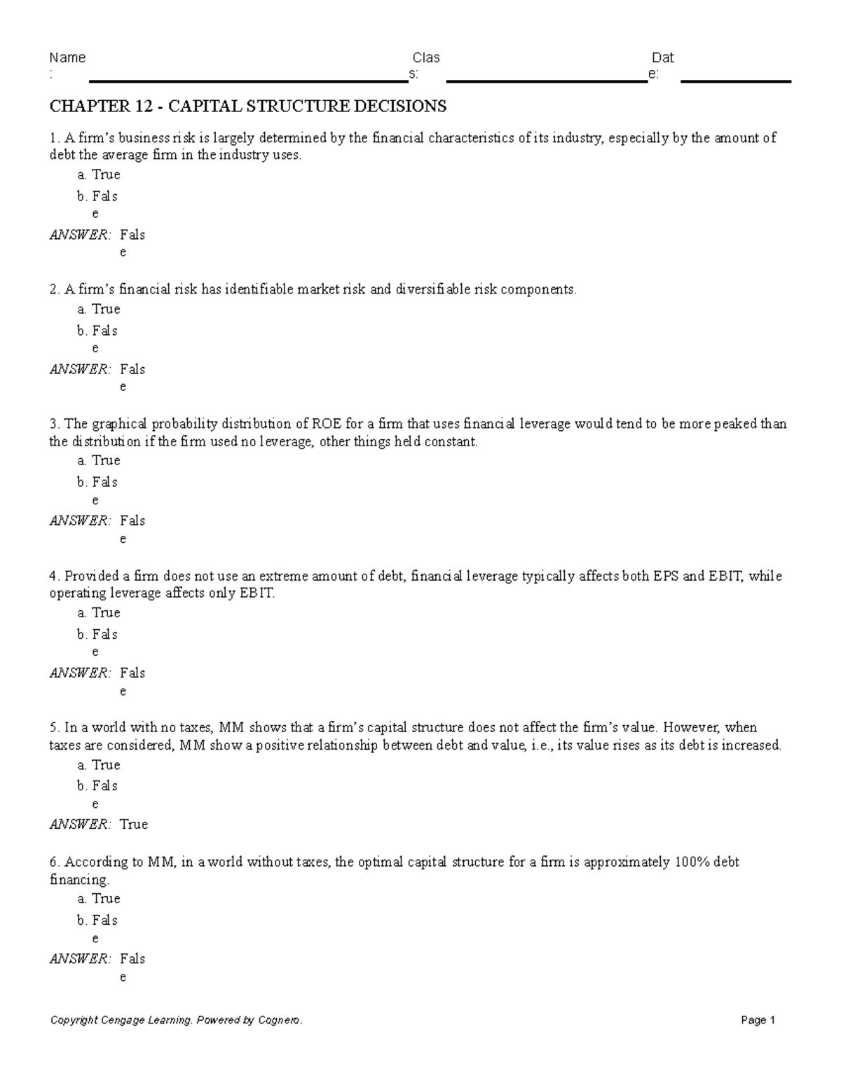 Chapter 12 - Capital Structure Decisions - : s: e: CHAPTER 12 - CAPITAL STRUCTURE DECISIONS A ...