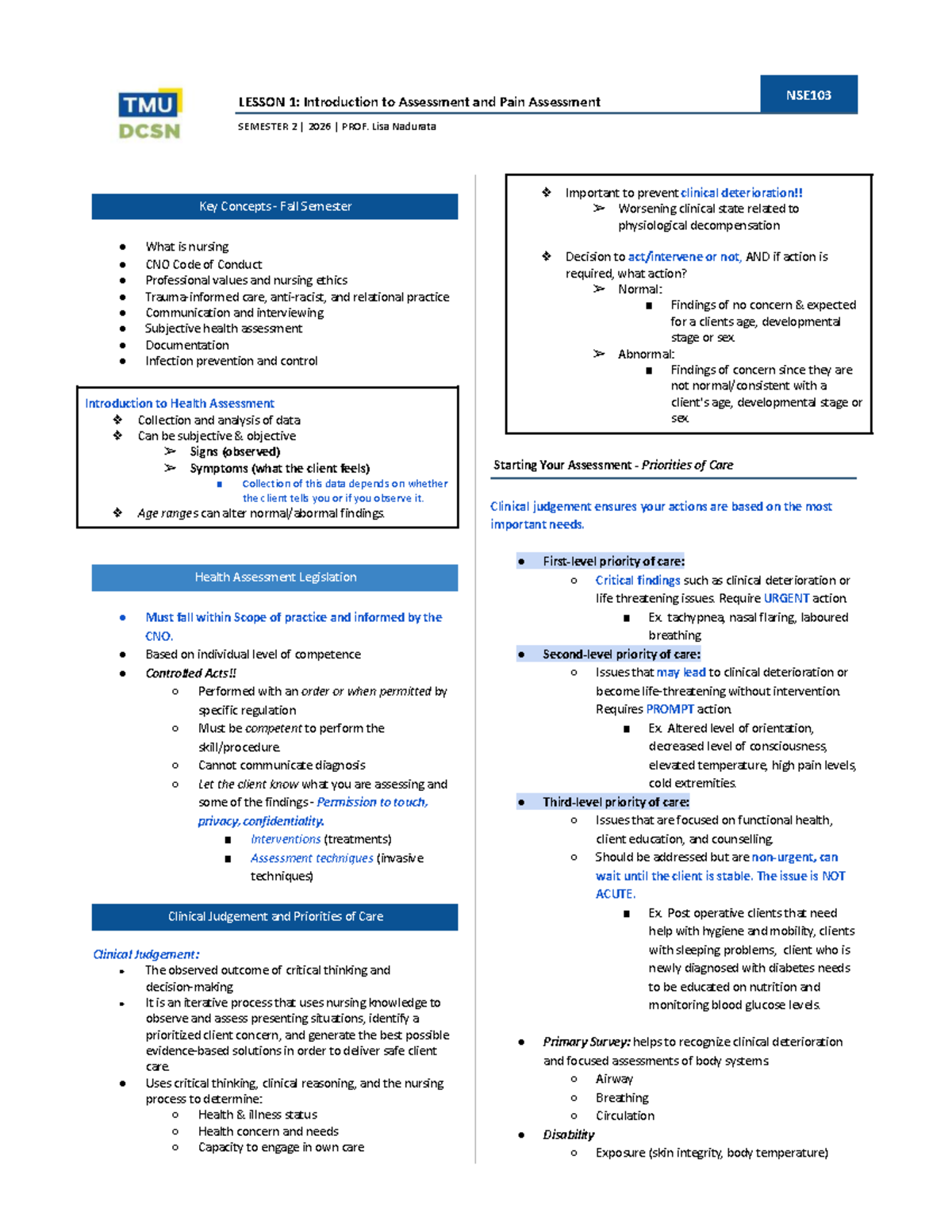 NSE103 Lesson 1: Intro to Assessment & Pain Management - Studocu