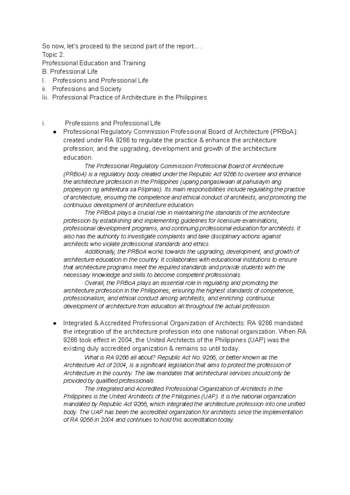 Professional Training in Architecture: RA 9266 and PRBoA Overview - Studocu