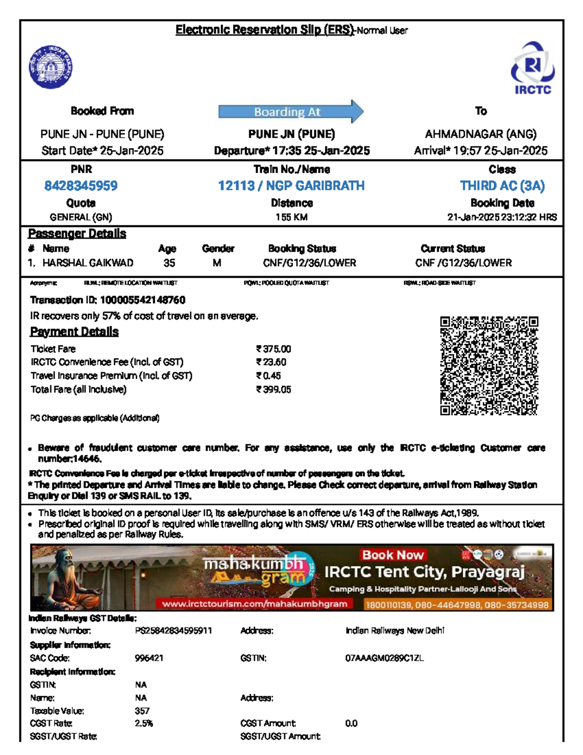 Electronic Reservation Slip for Train 12113 from PUNE to AHMADNAGAR ...