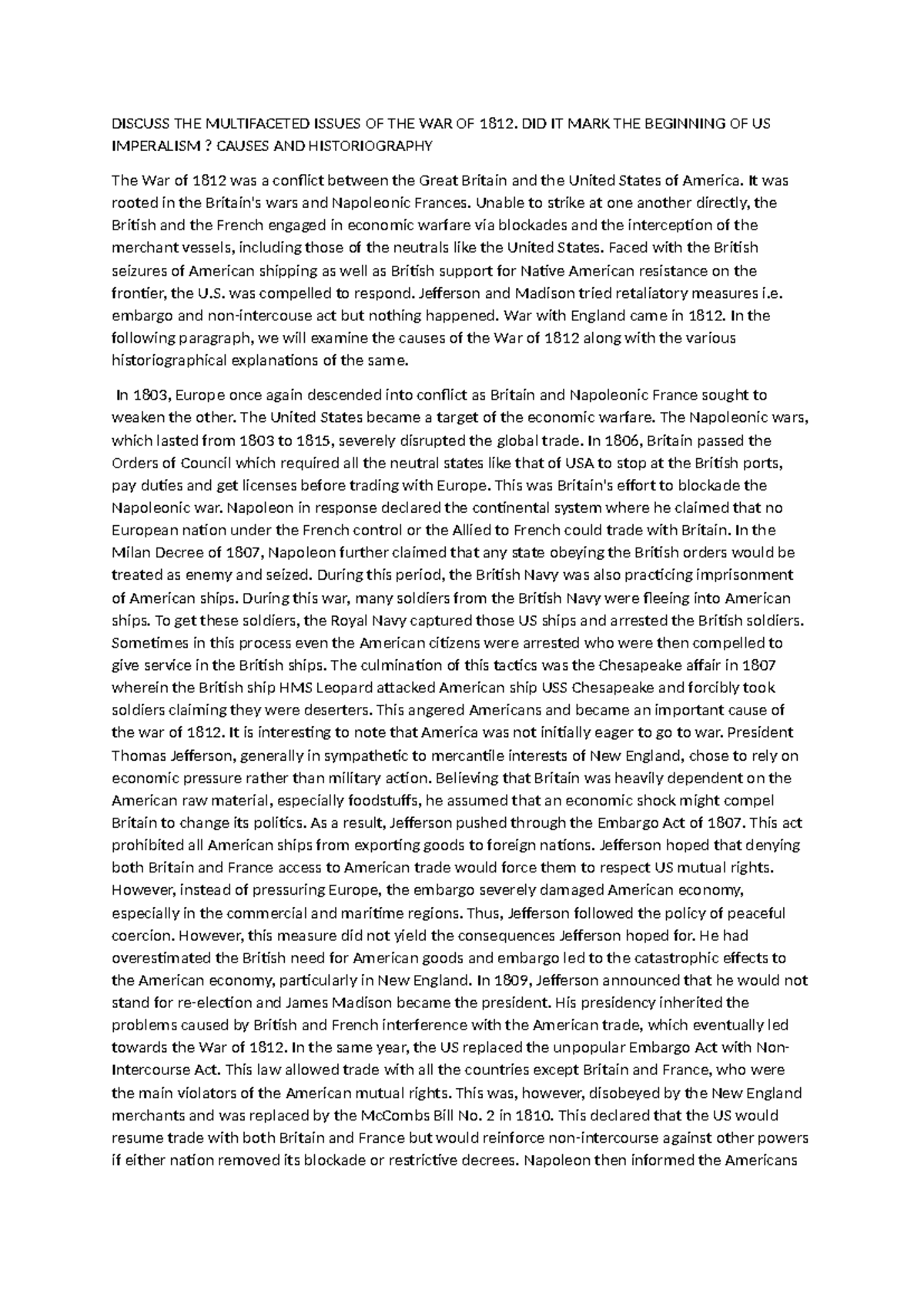 War of 1812: Causes, Historiography, and Implications for US ...