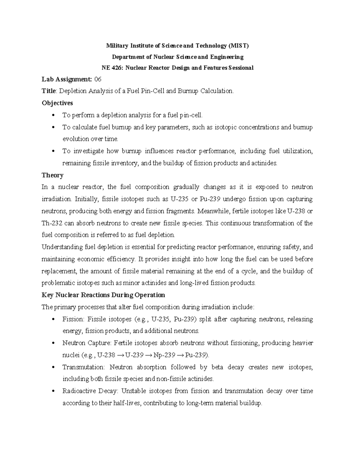 MIST NE 426: Lab Report 06 - Fuel Depletion & Burnup Analysis - Studocu