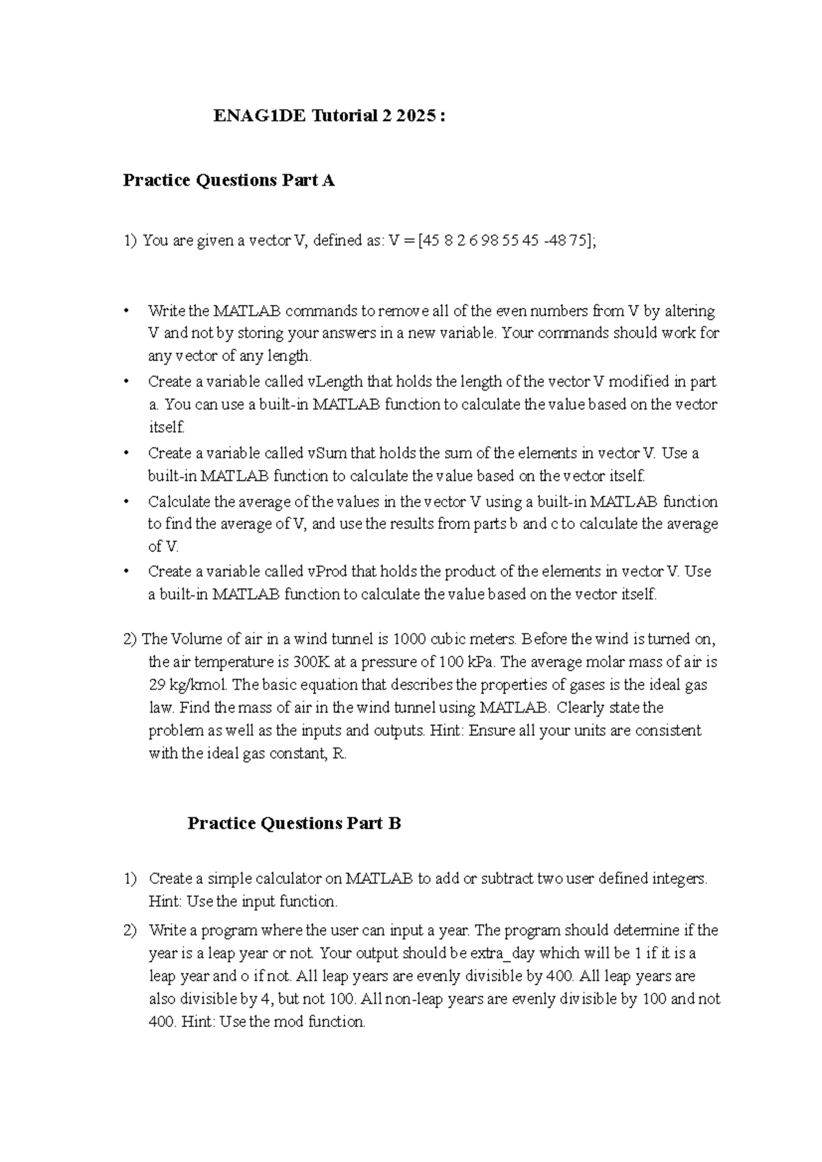 ENAG1DE Tutorial 2 2025: MATLAB Practice Questions & Solutions - Studocu