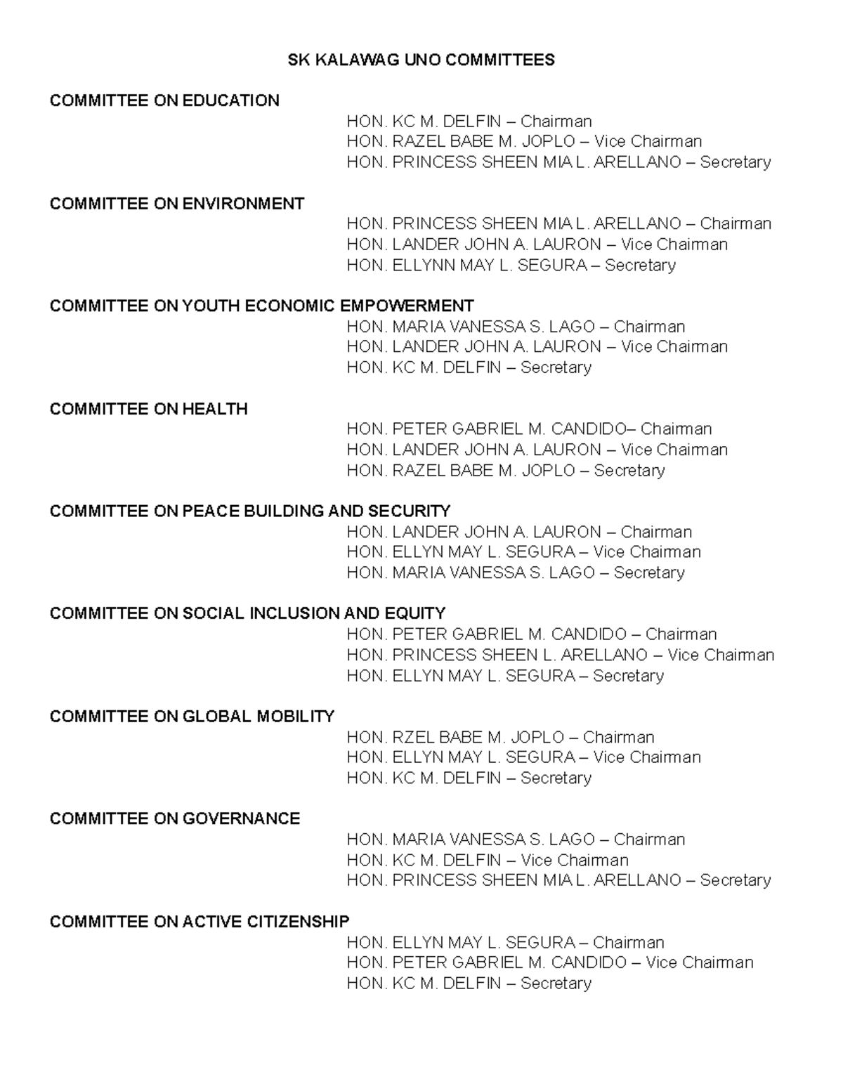 SK Kalawag UNO Committees Overview and Leadership Structure - Studocu