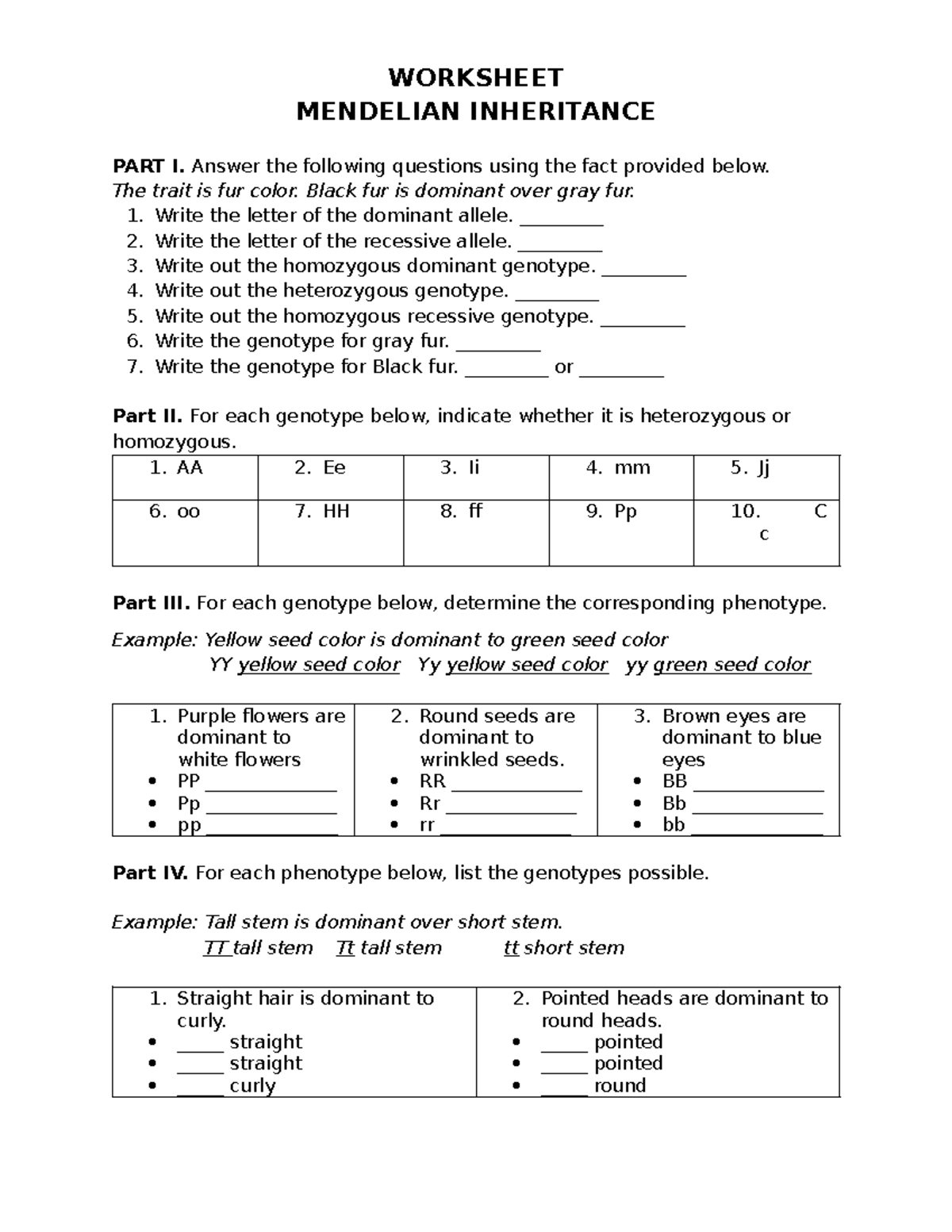 Mendelian Inheritance Worksheet Part I & II - Studocu