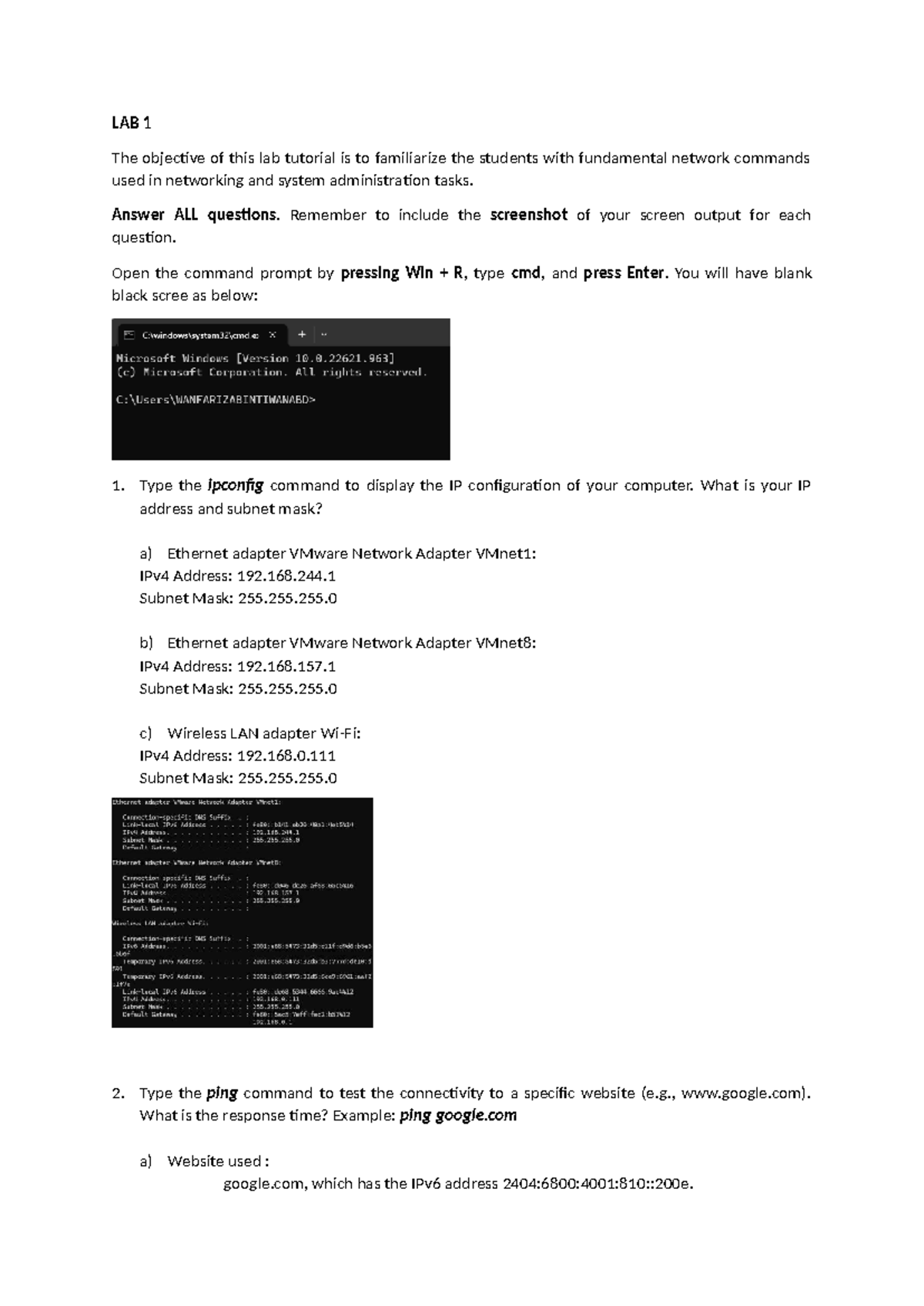 Lab 1 Fundamental Network Commands System Admin Tasks Studocu