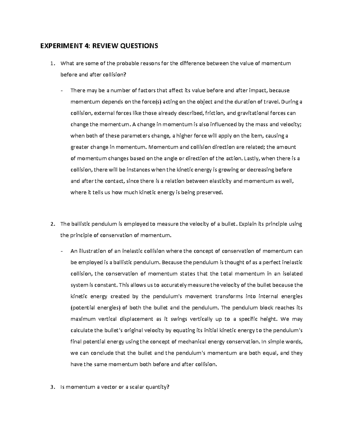Experiment 4: Momentum and Collision Analysis Questions - Studocu