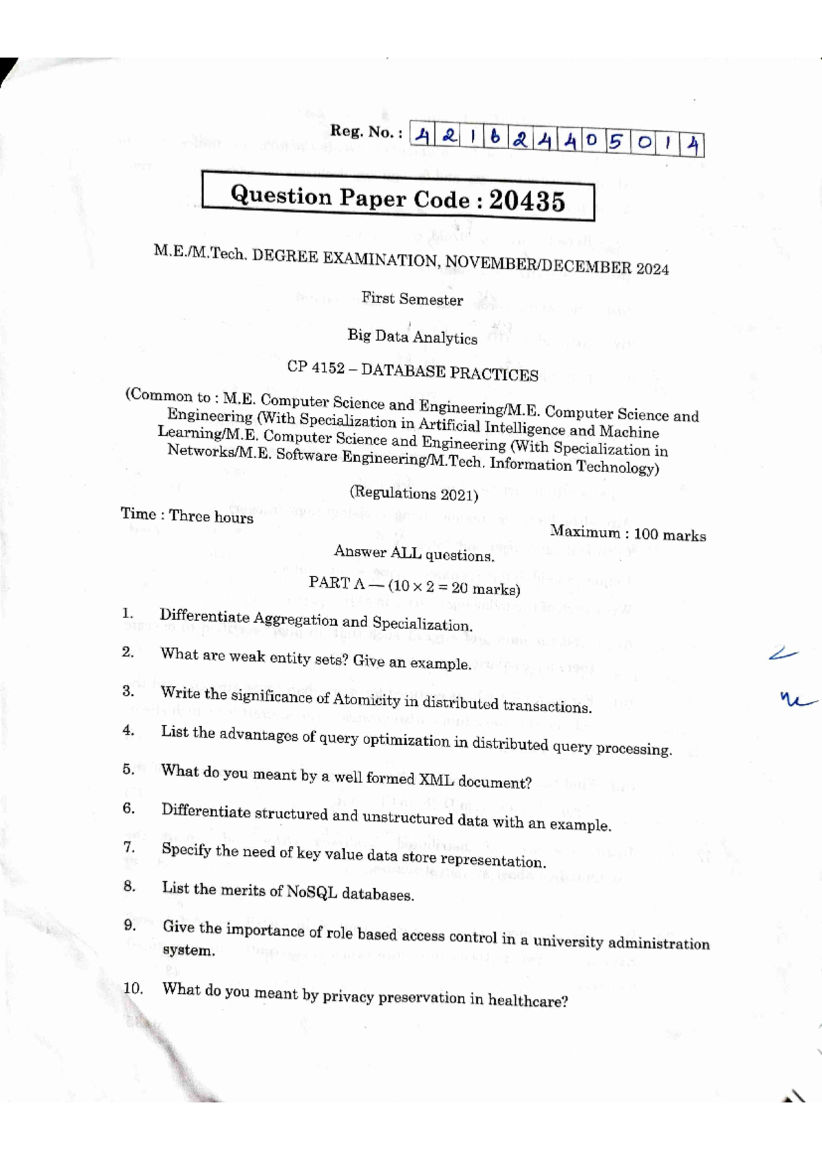 Cp4152 database practice - Reg. No.: 421624405014 Question Paper Code ...