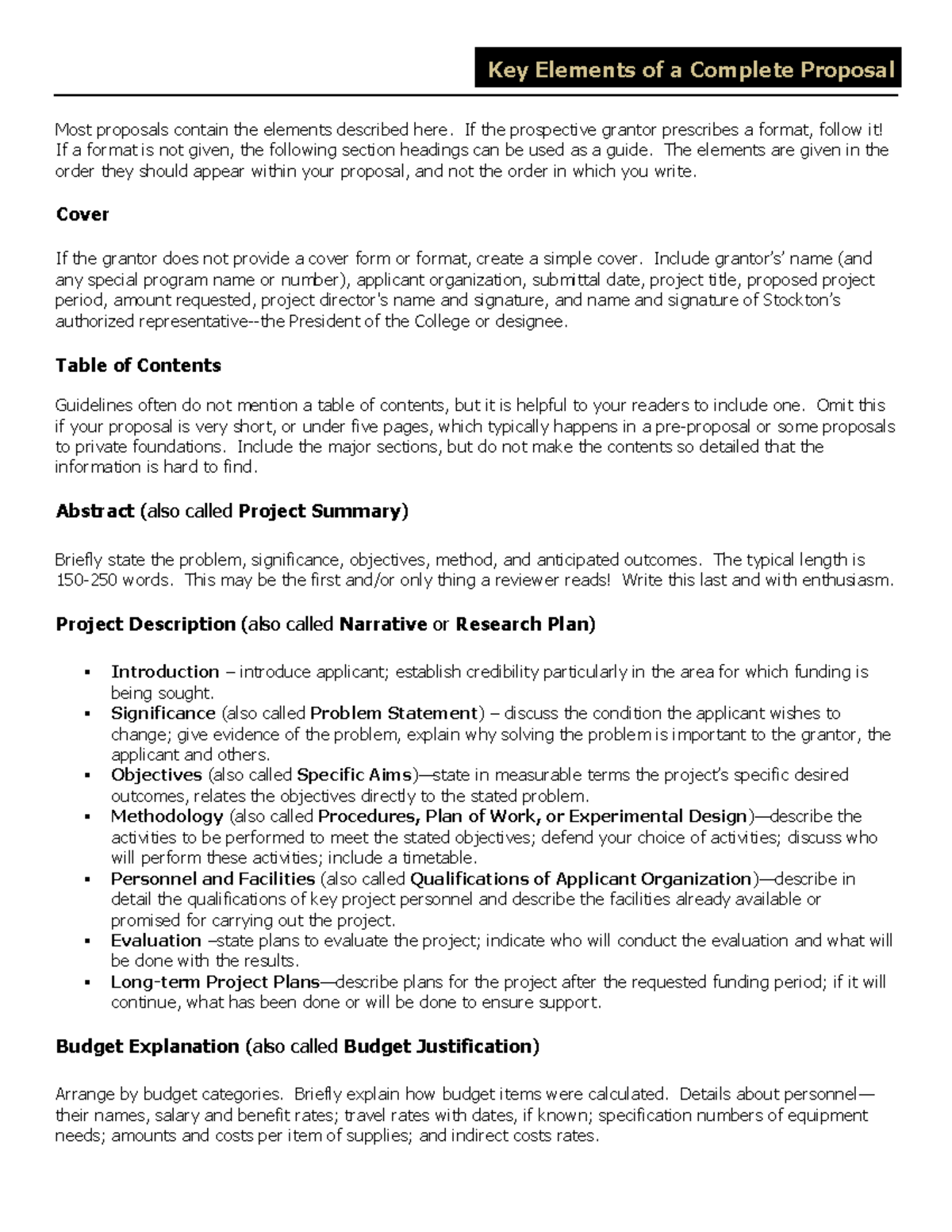 Key Elements of a Complete Proposal - Rev 09 Document - Studocu