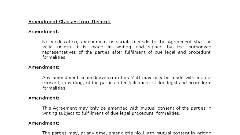 Amendment Clauses - Notes for Agreement (Amendment-1) - Studocu
