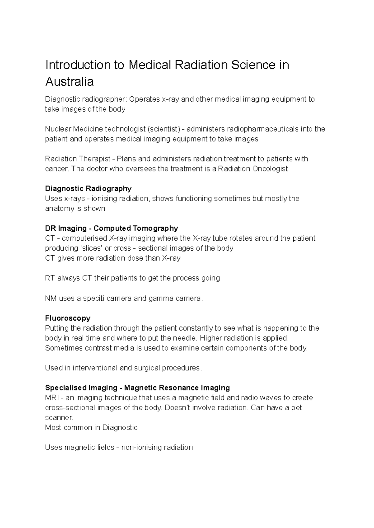 Lecture Notes on Medical Radiation Science (MEDR 101) - Weeks 1-7 - Studocu
