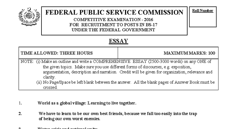 CSS English Essay Past Papers (2016-2023) for Competitive Exam - Studocu