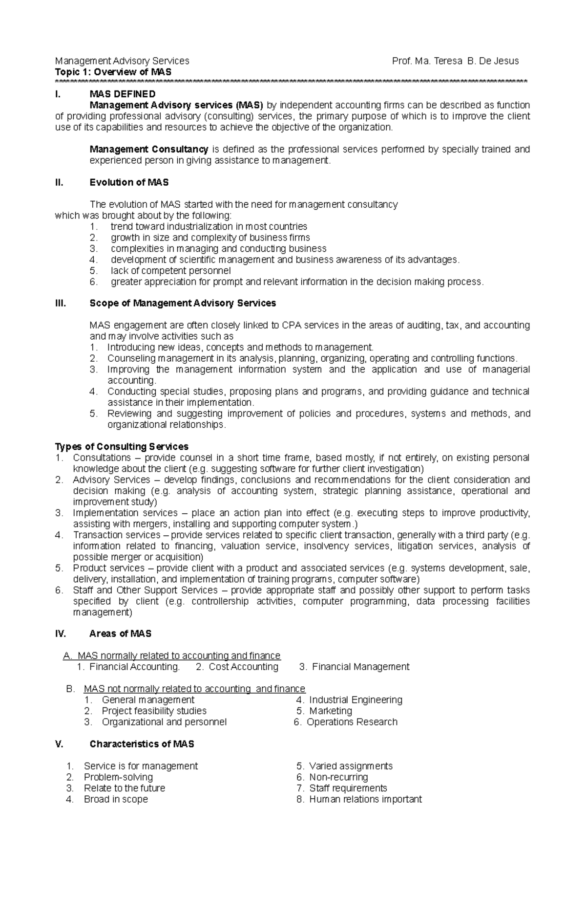 Overview of MAS: Management Advisory Services Assignment - Studocu