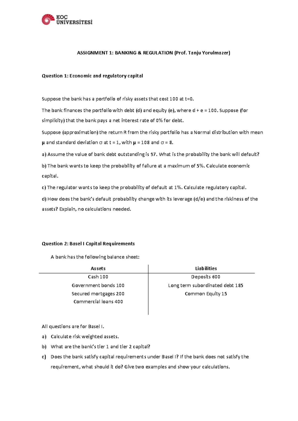 Banking Regulation Assignment 1: Economic & Regulatory Capital Analysis ...