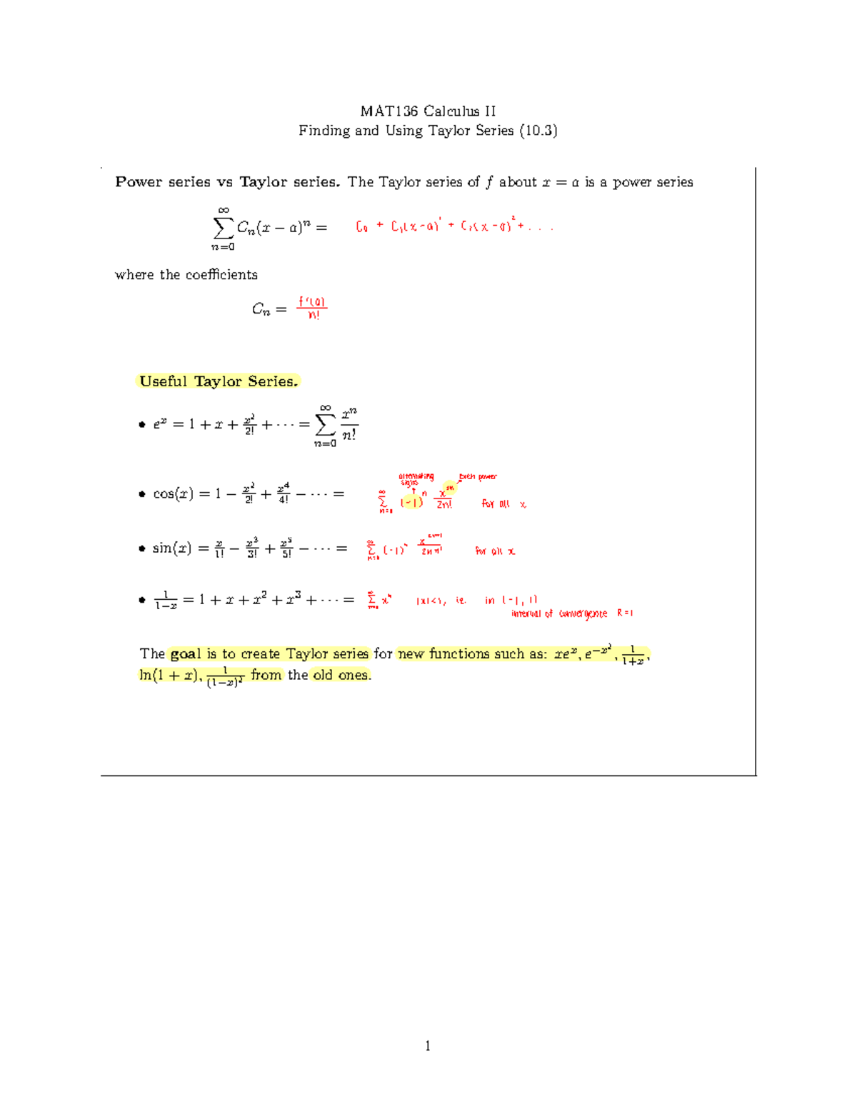 MAT136 Calculus II Week 10: Exploring Taylor Series and Power Series ...