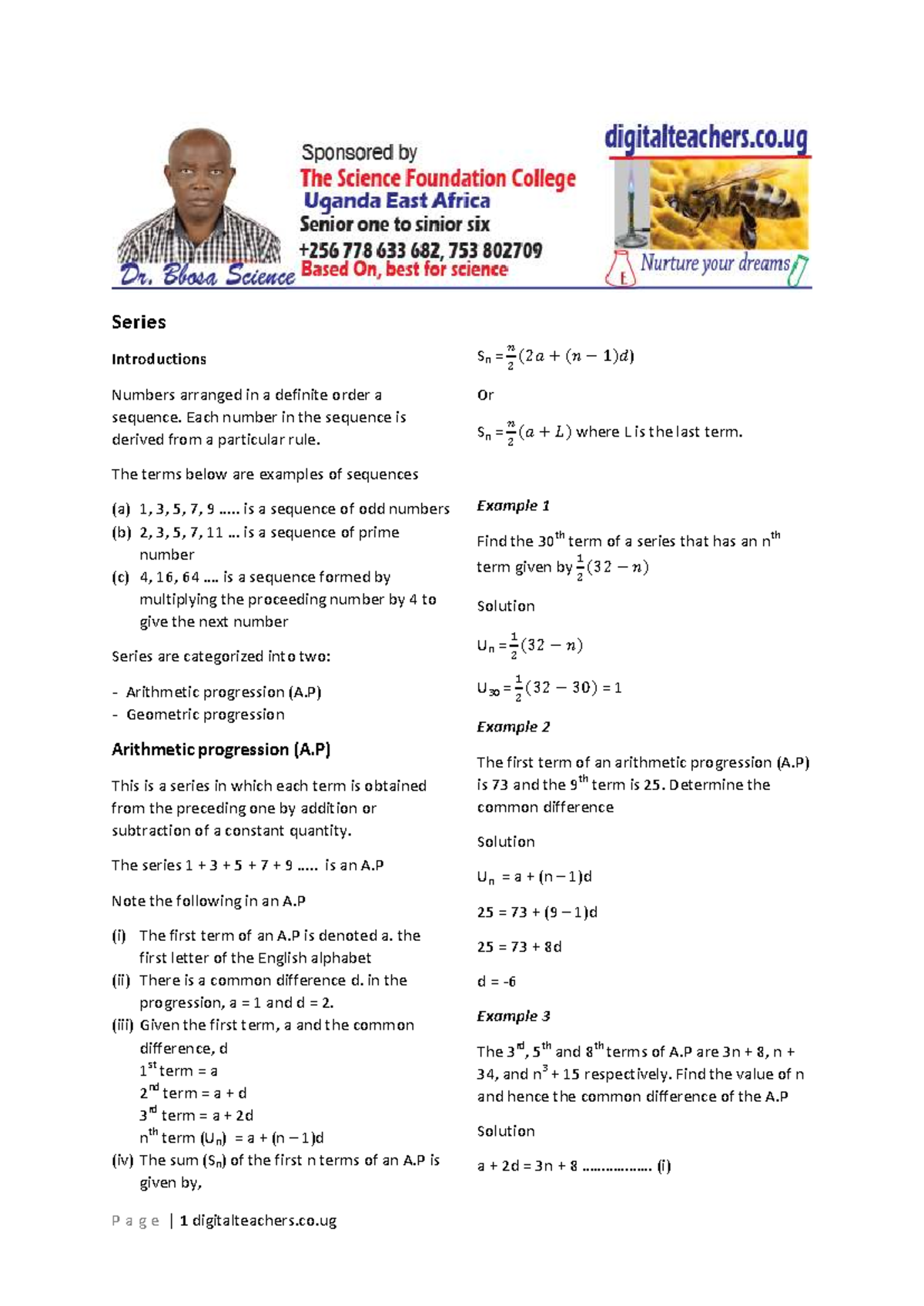 Sub Math: Sequence and Series - A.P & G.P Concepts and Examples - Studocu