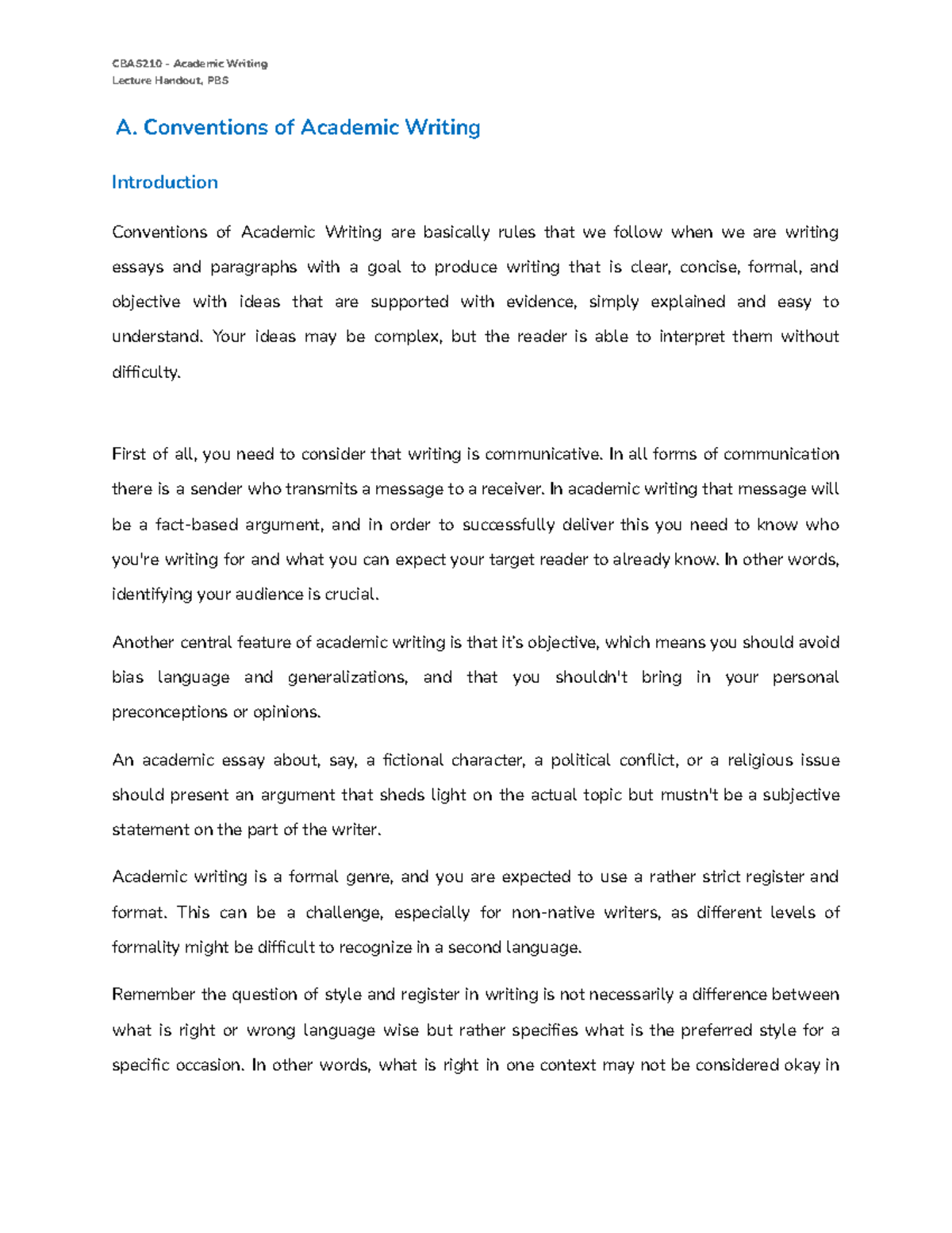 CBAS210 23 24 - Academic Writing: Conventions and Strategies Handout ...