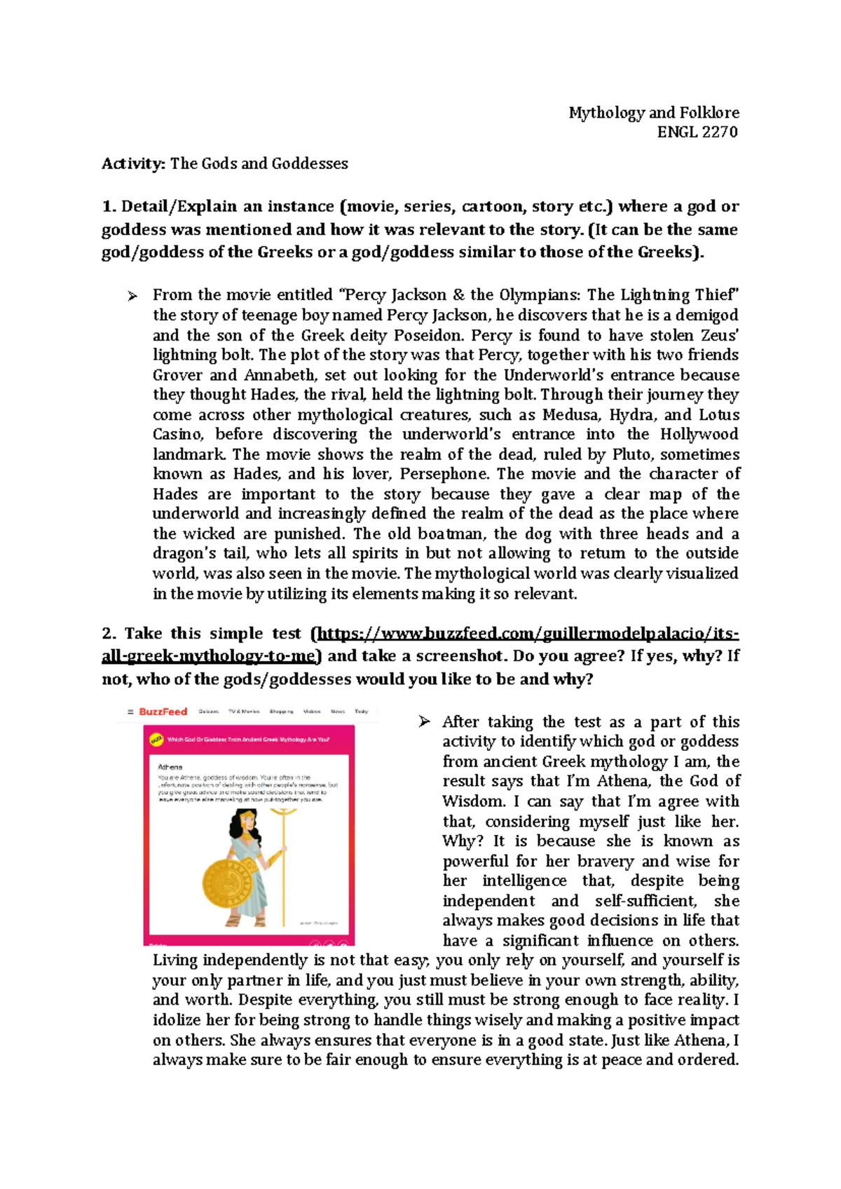 Mythology and Folklore Analysis: ENGL 2270 Activity on Gods - Studocu