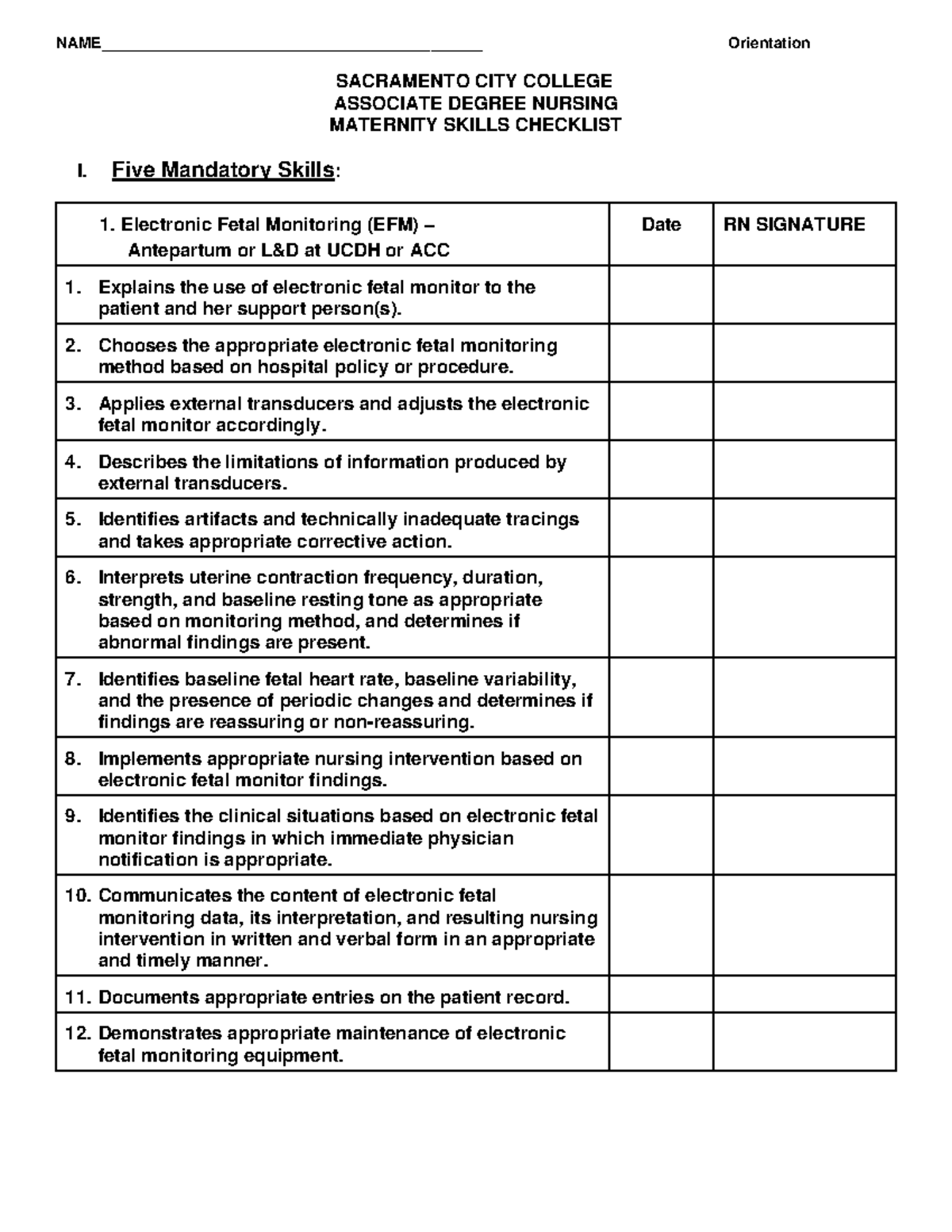 NUR 020 Maternity Skills Checklist for Nursing Students at SCC - Studocu