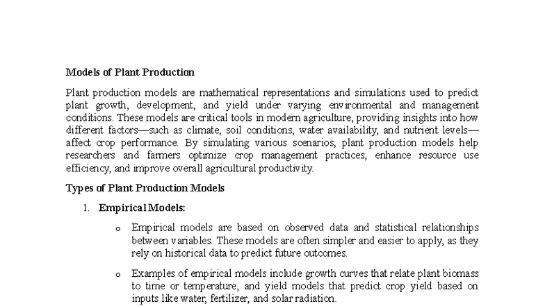 Plant Production Models: Understanding, Types, and Applications - Studocu
