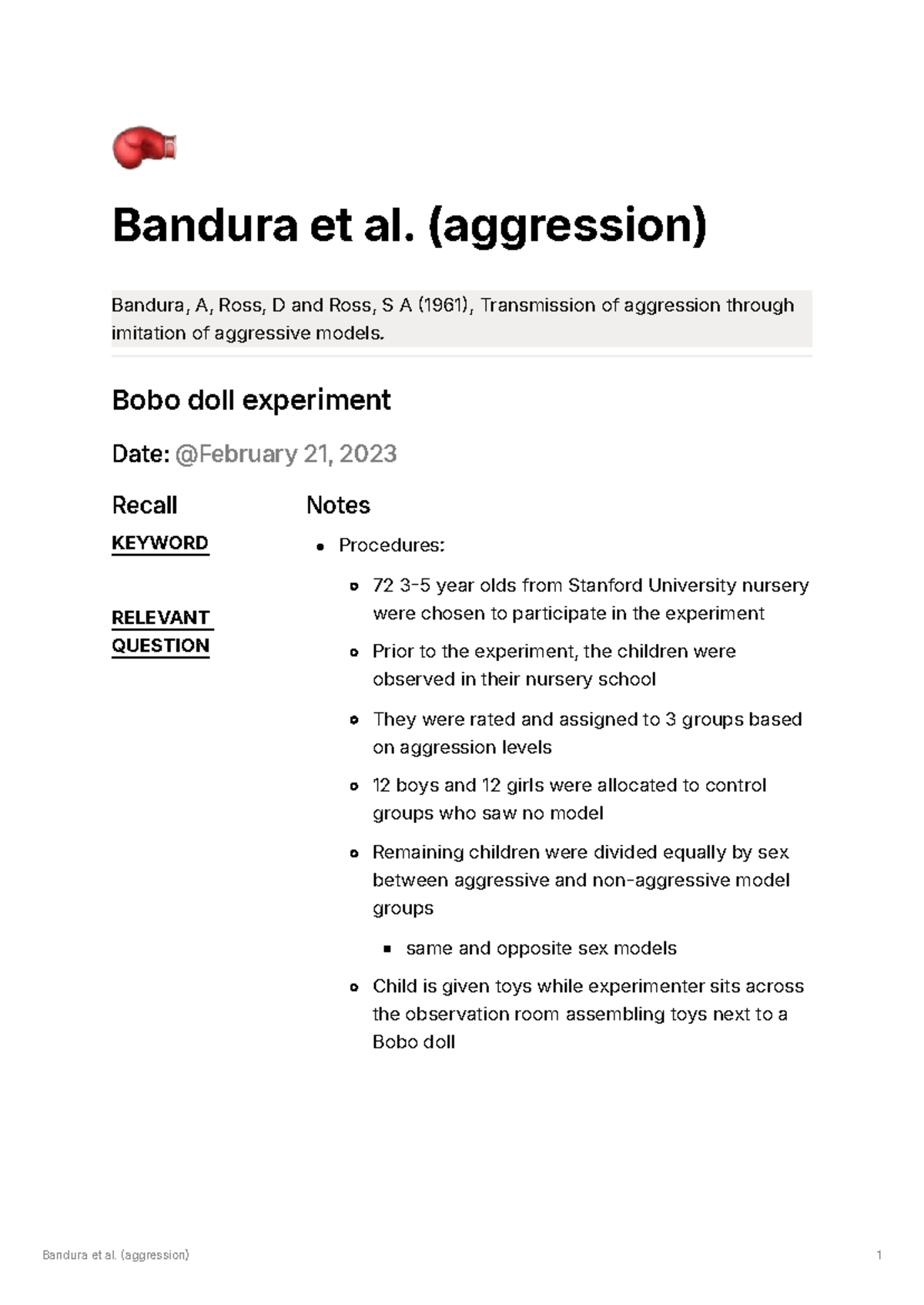 AS Level Bandura et al. (1961) Bobo Doll Experiment Summary Notes - Studocu