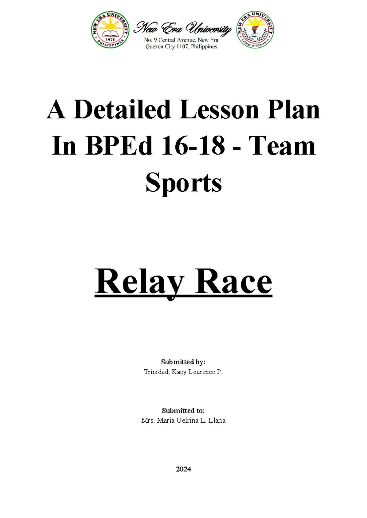 BPEd 16-18 Detailed Lesson Plan on Relay Race Activities - Studocu